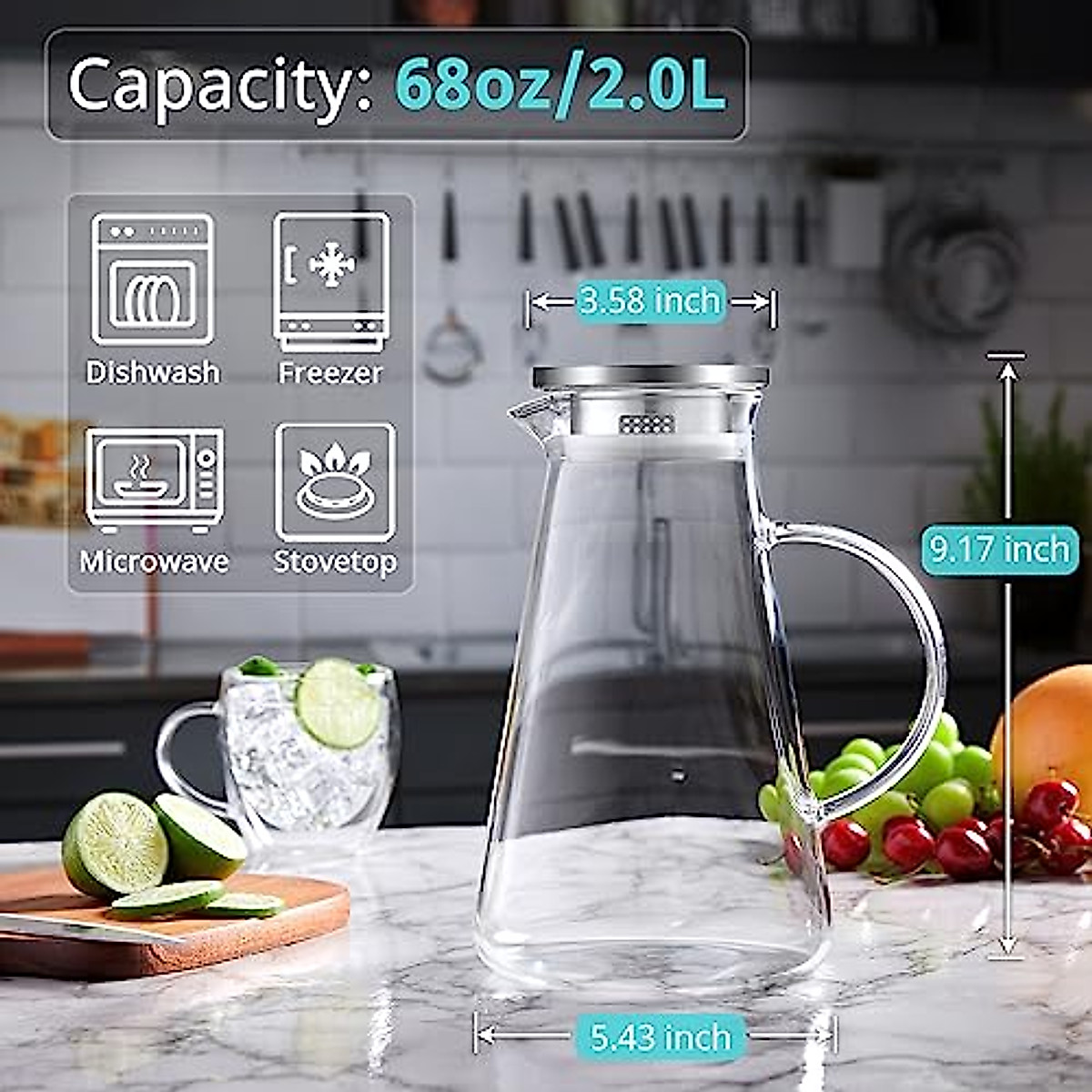 2 Liter 68 oz Glass Pitcher with Lid, Bivvclaz Glass Water Pitcher for Fridge, Glass Water Carafe for Hot/Cold Beverage, Iced Tea Pitcher, Large Pitcher for Coffee, Juice, Easy Clean Glass Jug