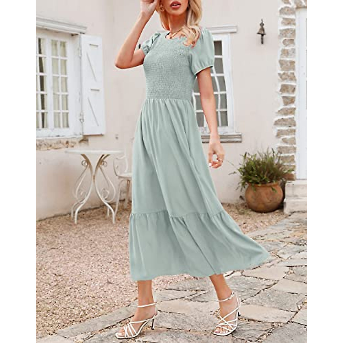 Annebouti 2023 Women's Summer Puff Short Sleeve Dress Modest Flowy A Line Ruffle Tiered Long Casual Smocked Maxi Dress with Pockets Solid Light Green S