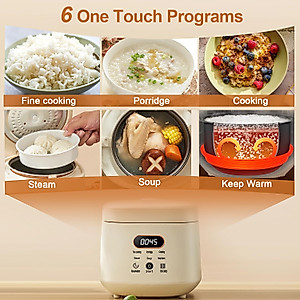 NUNET Electric Rice Cooker, Portable 6-1 Multi-Functional Smart Food Steamer Time Control 400W Mini Cooker 2QT 3 Cups Uncooked/5 Cups Cooked for Soup Grain Oatmeal w. Non-Stick Inner Pot