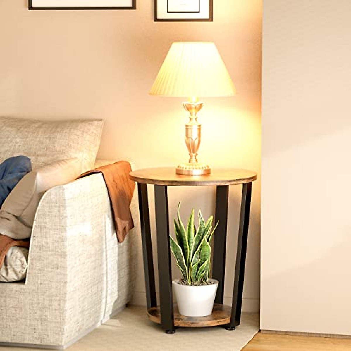 EKNITEY Wood Round End Table - 19.7" Dia. Side Table with Storage Small Table with Sturdy Metal Frame for Living Room Bedroom Couch Snack and Sofa 2-Tier