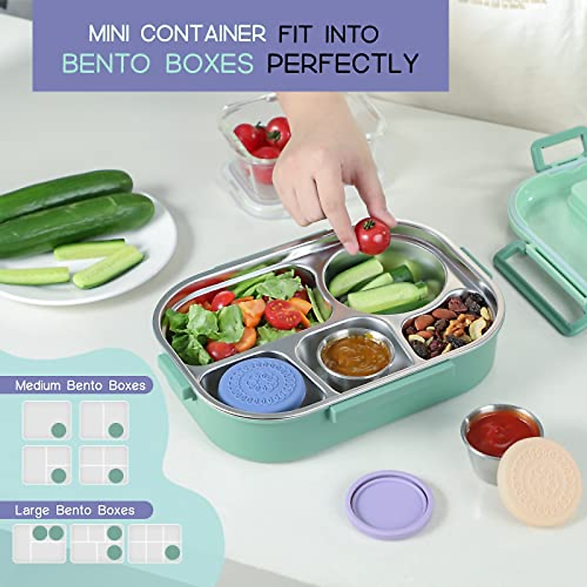 [8 Pack] Salad Dressing Container To Go, 2.4oz Small Condiment Containers with Lids, Reusable Stainless Steel Sauce Cups Containers, Leakproof Silicone Lids for Lunch Bento Box, Picnic and Travel
