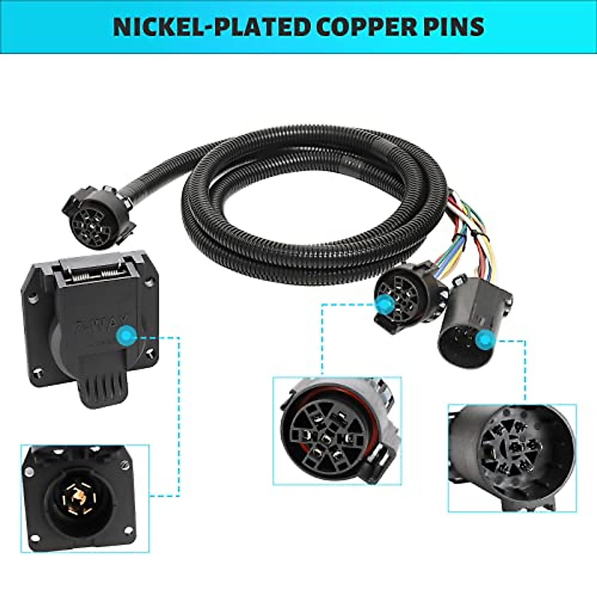 MECMO Truck Bed 7-Pin Trailer Wiring Harness Extension 7ft for Chevy Silverado, for Ford F150 F250 F350, GMC Sierra, GM, Ram 1500 2500 3500, Nissan Titan, Toyota Tundra, 5th Wheel or Gooseneck Trailer