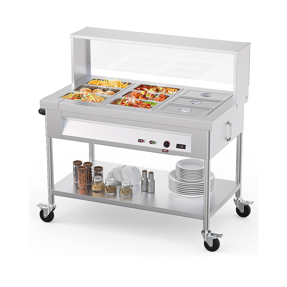72QT Steam Table 9x8QT Electric Commercial Food Warmer 9-Pans with Acrylic Shield Stainless Steel Bain Marie Countertop with Lockable Wheels for Restaurants Buffets Party 1500W, 110V