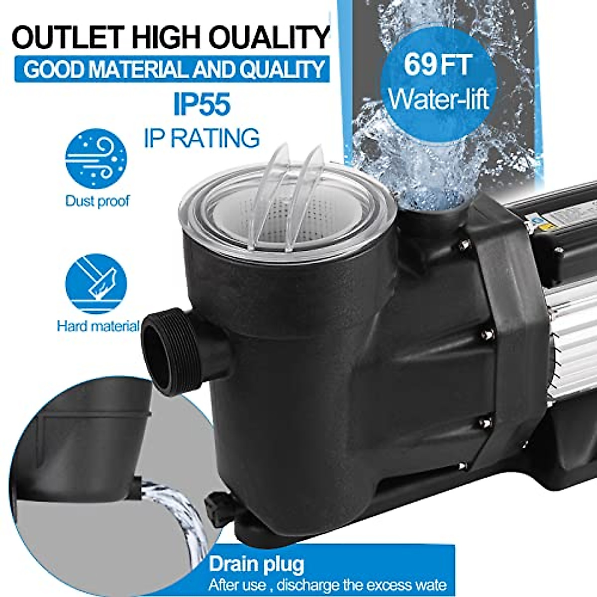 TOPDEEP Pool Pump 2.5 HP Inground, 8800 GPH Self Primming pool pump above ground, 1850W Single Speed Swimming pool pumps with Strainer Basket & 2Pcs Connectors