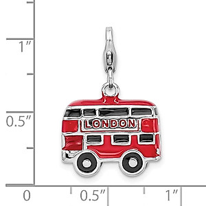 Amore La Vita Sterling Silver Rhodium-plated Polished 3-D Enameled Double Decker London Bus Charm with Fancy Lobster Clasp QQCC445