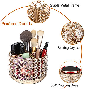 Hipiwe Crystal Vanity Organizer 360 Rotating Makeup Brush Holder Spinning Cosmetic Brushes Display Holder Gold Vanity Storage Holder Multi-Functional Desk Organizer for Eyebrow Pen Pencil, 4-Slot