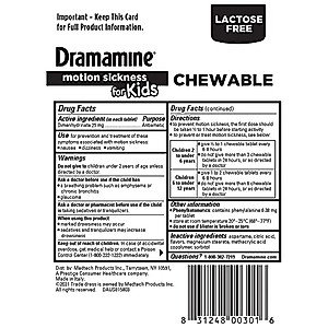 Dramamine Motion Sickness for Kids, Chewable, Dye Free, Grape Flavored, 8 Count