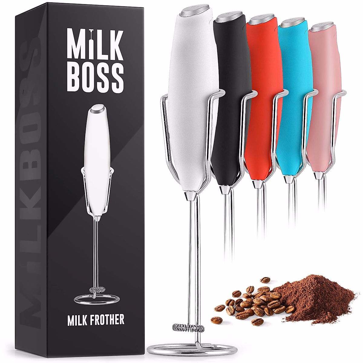 Milk Boss Mighty Milk Frother Handheld Whisk Mixer - Coffee Frother Electric Handheld Foam Maker & Frother For Coffee - Portable Electric Whisk With 16-Piece Stencils For Lattes, Matcha (Black)