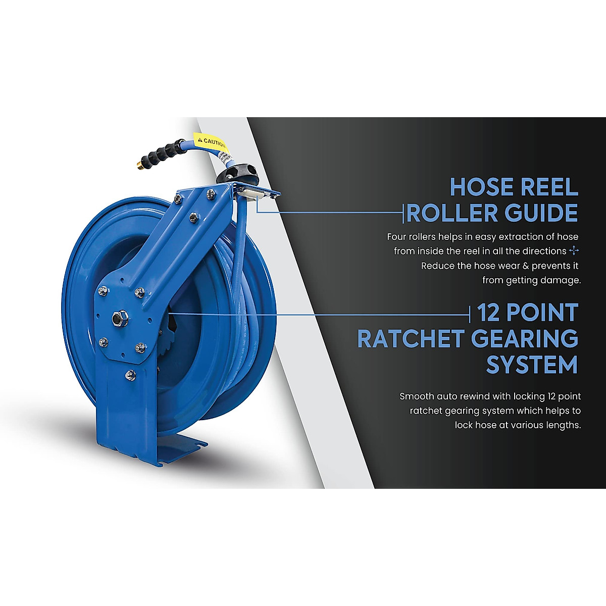 BLUBIRD BBRHD1250 18ga. Retractable Hose Reel with 1/2" X 50' Air Hose, 12 Point Ratcheting Gear, Next-Gen Rubber, Lightest, Strongest, Most Flexible, 300 PSI, -50F to 190F Degrees, Polyester Braided