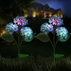 Outdoor Solar Lights, Doingart 2 Pack Hydrangea Solar Garden Lights with 3 Hydrangea Flowers, Waterproof Realistic and Muti-Color Change Outdoor Lights for Garden Lawn Backyard Decoration (Blue)