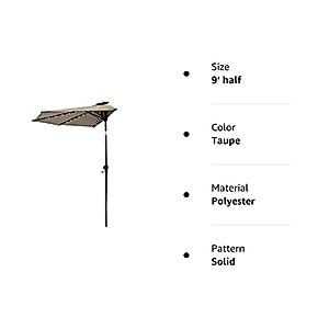 FLAME&SHADE 9 ft Half Round Solar Powered Outdoor Market Patio Table Umbrella for Wall Balcony with LED Lights and Tilt, Taupe