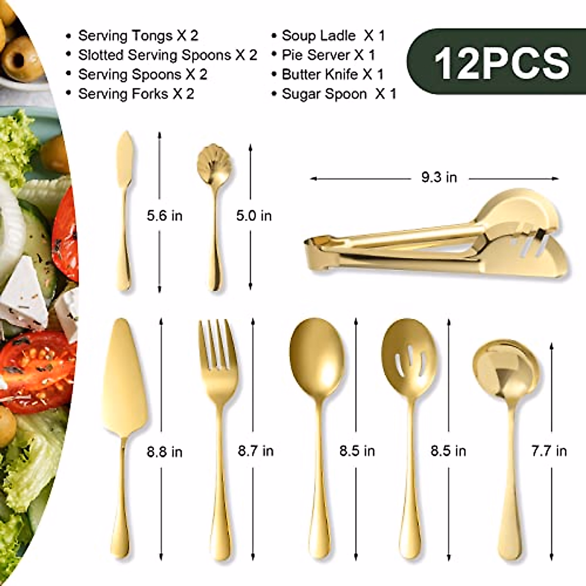 Gold Serving Utensils,12 Pcs Stainless Steel Serving Utensil with Serving Spoon,Slotted Spoons,Serving Forks,Soup Ladle,Serving Tongs,Pie Server,Butter Knife Serving Utensils Set for Parties,Buffe