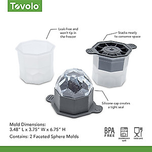 Tovolo Faceted Sphere Ice Molds, Set of 2 - Large Ice Ball Mold Ideal for Whiskey, Cocktails & Any Cold Beverage - Odor-Free Freezer Storage, Dishwasher-Safe with Silicone Plunger