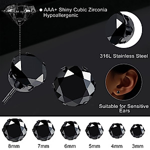 FIBO STEEL 3 Pairs Stainless Steel Black Stud Earrings for Men Women Hypoallergenic Mens Earrings Stud Set, Black Square Round Diamond CZ Stud Earrings Pierced 6mm