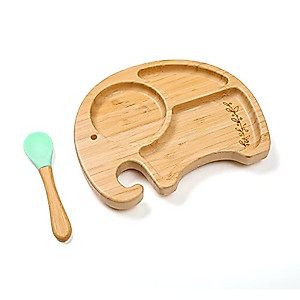 Mamimami Home Bamboo Baby Plate - Silicone Suction - Toddler Food Plate with Fork and Spoon - Baby Led Weaning Plate Feeding Utensils Set, BPA Free （Green Elephant）