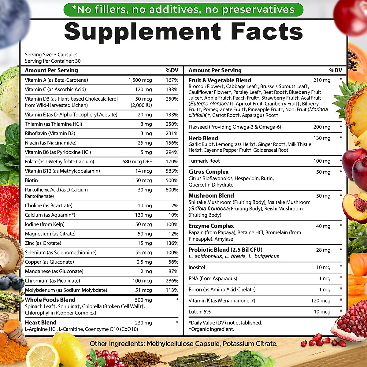 Vegan Whole Food Multivitamin without Iron, Daily Multivitamin for Women and Men, Made with Fruits & Vegetables, B-Complex, Probiotics, Enzymes, CoQ10, Omegas, Turmeric, Non-GMO, 90 Count