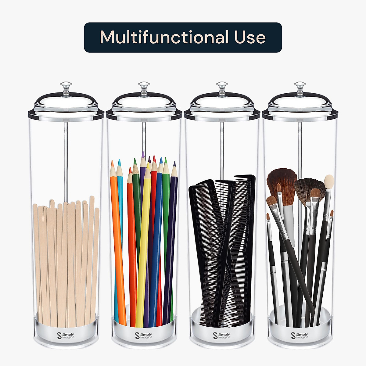 SimplyImagine Acrylic Straw Holder- 13 Inch Tall Drinking Straw Dispenser for Smoothie Tubes, Retro Reusable Storage Container of House Supplies- Metal Base and Lid with 20 Clear Straws in White Pack