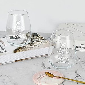 Funny Dad Wine Glass - Keep Calm And Papa Will Fix It Stemless Wine Glass 15Oz, Unique Father’s Day Gift for Dad Papa Father New Dad Husband from Daughter, Son, Wife, Dad Gift for Birthday, Christmas