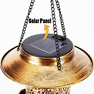 JUYUAN Solar Bird Feeder 3 Cups Hanging Metal Feeders for Hummingbird Cardinal, Modern Cute Durable Metal Body Waterproof Design and Lights up Automatically, Decorative in Your Garden, Patio, Lawn