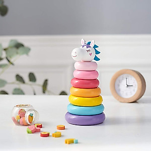 RUYU Classic Unicorn Wooden Rainbow Stacking Rings - 7 Inches Tall Solid Wood Educational Baby Toy for Toddler Boys and Girls Age 18 Months and Up (8 Natural Solid Wood Pieces)