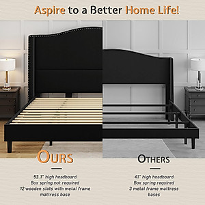 Jocisland Queen Size Platform Bed Frame,Velvet Fabric Upholstered Bed with Tall Arched Headboard & Nailhead Trim Wingback Headboard/No Box Spring Needed/Black