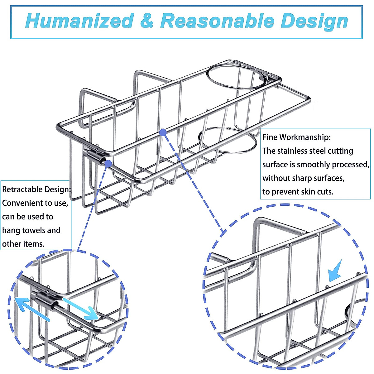 QMLALA Sponge Holder for Double Kitchen Sink, 3-in-1 Sink Caddy, Brush, Dish Towel, Sponge Sink Organizer Liquid Drainer Rack - SUS304 Stainless Steel