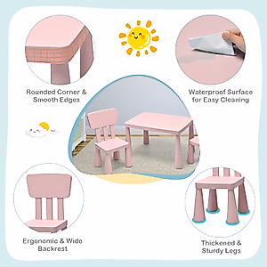 COSTWAY 3-Piece Kids Table and Chairs Set, Lightweight Plastic Children Activity Center for Reading, Writing, Painting, Snack Time, Kids Furniture Art Study Desk & Chairs Set for Ages 1-7 (Pink)