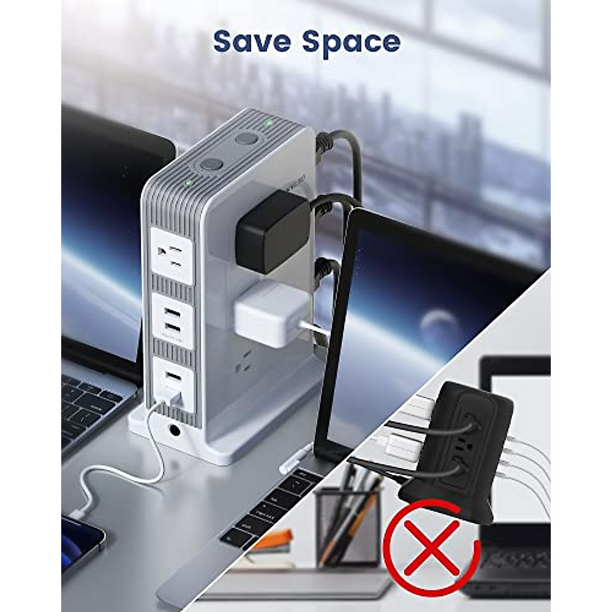 Power Strip Surge Protector Tower - JACKYLED 10 Outlet 4 USB Vertical Charging Station, 1875W 15A, 1080J with 6ft Heavy Duty Extension Cord for Multiple Devices, Home Office Dorm RV