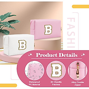 Personalized Initial A-Z Preppy Patch Makeup Bag,Small PU Chenille Letter Cosmetic Bag with Zipper for Teen Girls,Pink Cute Toiletry Organizer Bag,Monogram Makeup Case Gift for Women Girls,Letter B