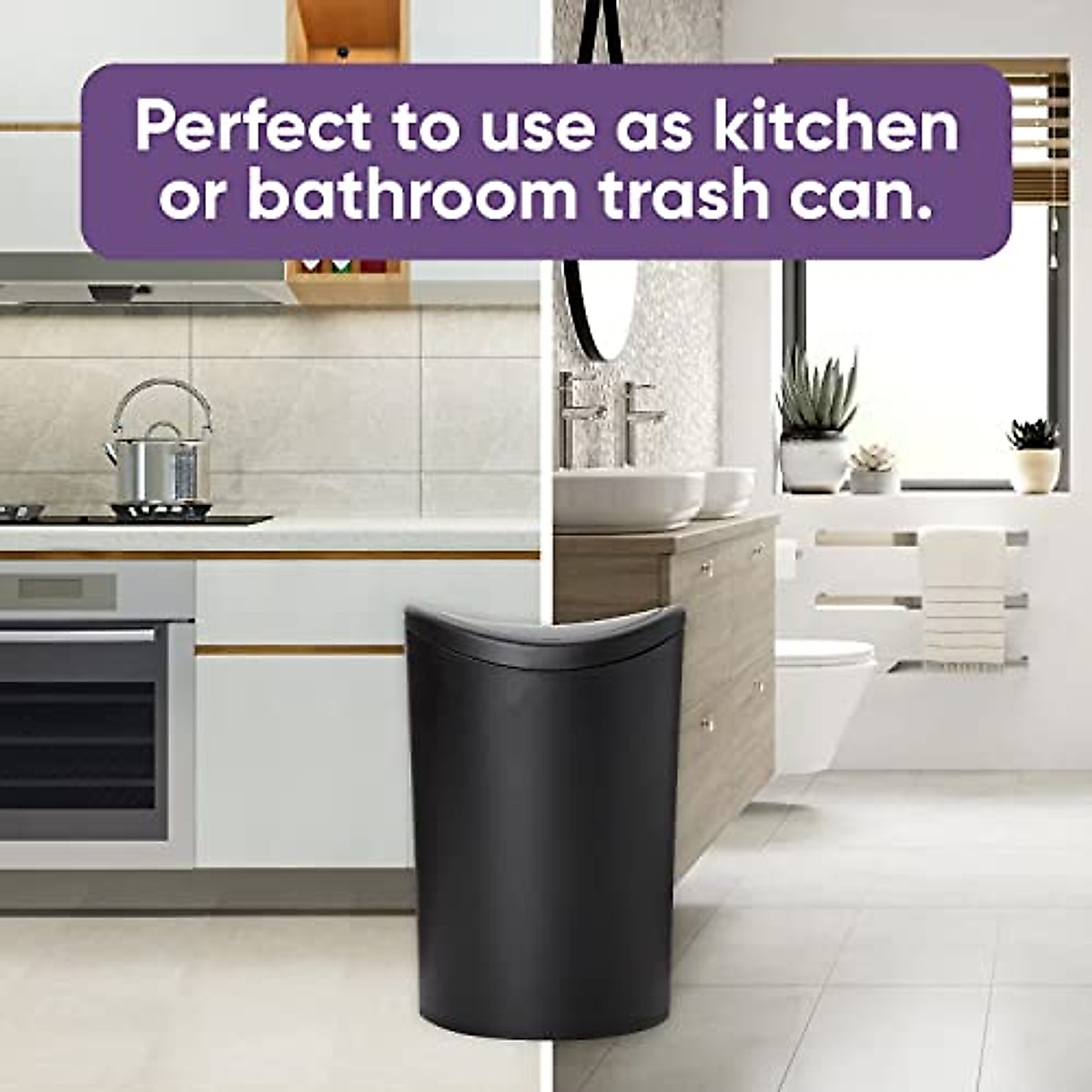 Superio Small Plastic Bathroom Trash Can with Lid 6 Liter, Black Mini Waste Bin 0.75 Gallon, Modern Flat Lid Step On Trash Can with Foot Pedal, Bathroom, Bedroom, Office, Under Desk, Soft Close