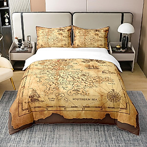Erosebridal Nautical 100% Cotton Duvet Cover, Vintage Map Comforter Cover Pirate Boat Sailing Quilt Cover, Skull Compass Bedding Set Man Child Bedroom Decor 2Pcs Twin Size, Brown Bedding Collection