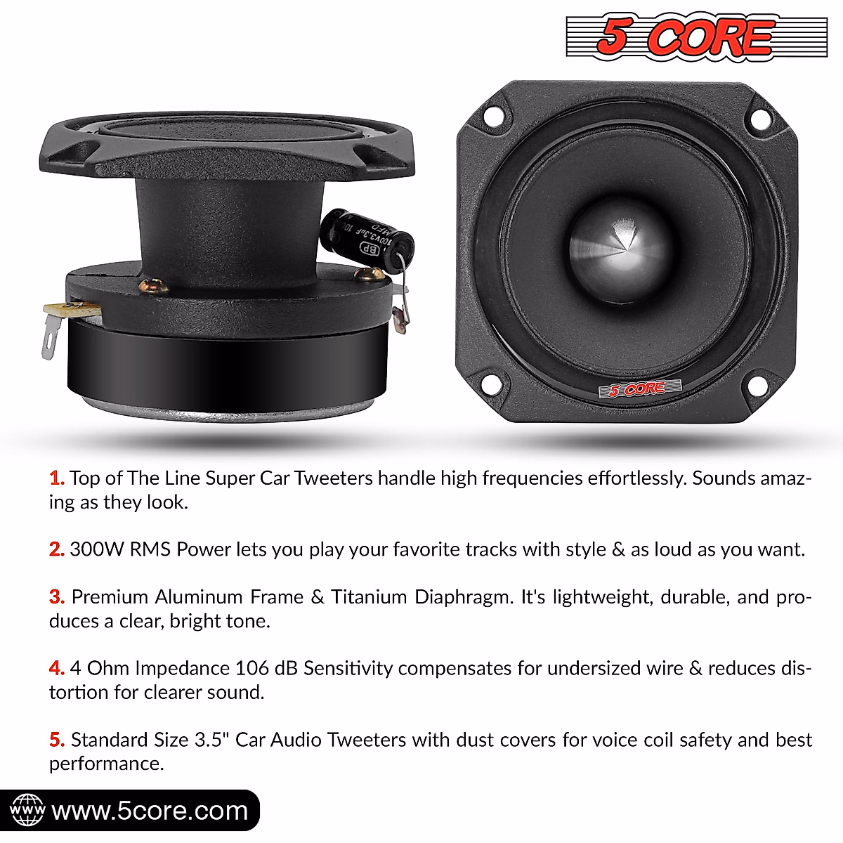 5 CORE Tweeters Speakers Car Audio Pair 600W Combined Peak 4 Ohm 3.5 Inch Aluminum Super Bullet Tuiters para Sonido para Carro - TW BLT 150 BLK Pair