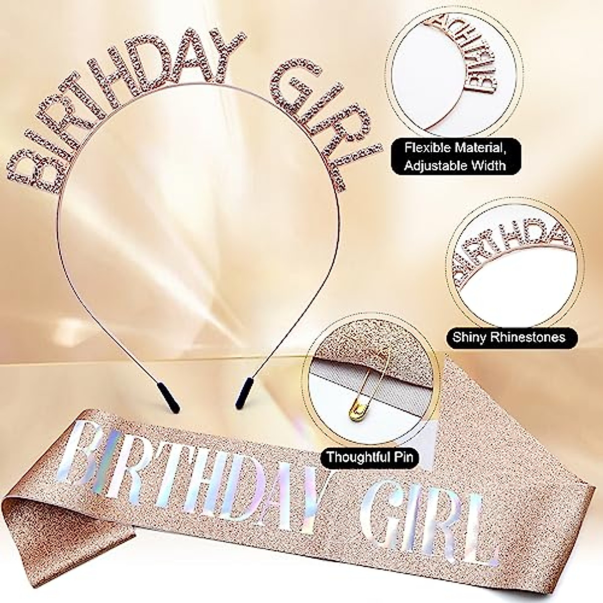 PAPARELA Birthday Crown Rose Gold Birthday Sash Rhinestone Tiara Set for Girl Headband Princess Crowns for Birthday Party Pageant Gifts for Women