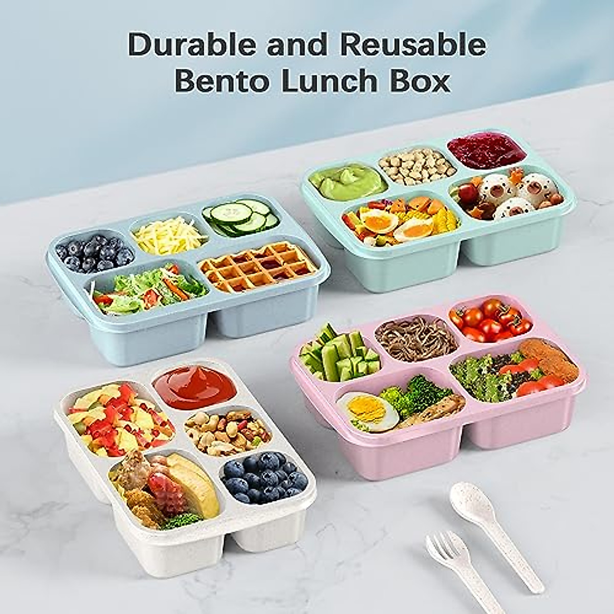 Bento Lunch Box, Bento Box, Reusable Lunch Box Kids with 5 Compartments Meal Prep Containers for Kids and Adults, Lunch Snack Containers with Utensils & Transparent Lids for School, 4 Pack (Wheat)