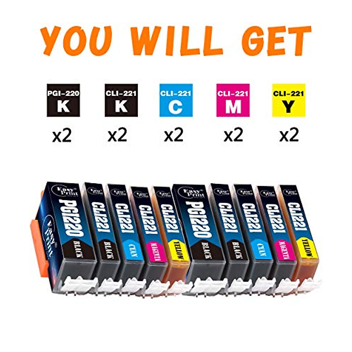 EASYPRINT Compatible PGI-220 CLI-221 Ink Cartridges PGI220 CLI221 Used for PIXMA IP3600 IP4600 MX860 MX870 MP560 (10-Pack, 2X PGI Large BK, 2X CLI Small BK, 2X Cyan, 2X Magenta, 2X Yellow)