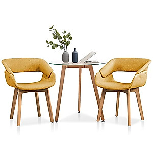 ivinta Small Dining Table Set for 2, Round Glass Dining Table with Two Yellow Upholstered Fabric Chairs, 3 Pieces Dining Table Set for Apartment, Kitchen, Dining Room, Patio Dining Set (Yellow)…