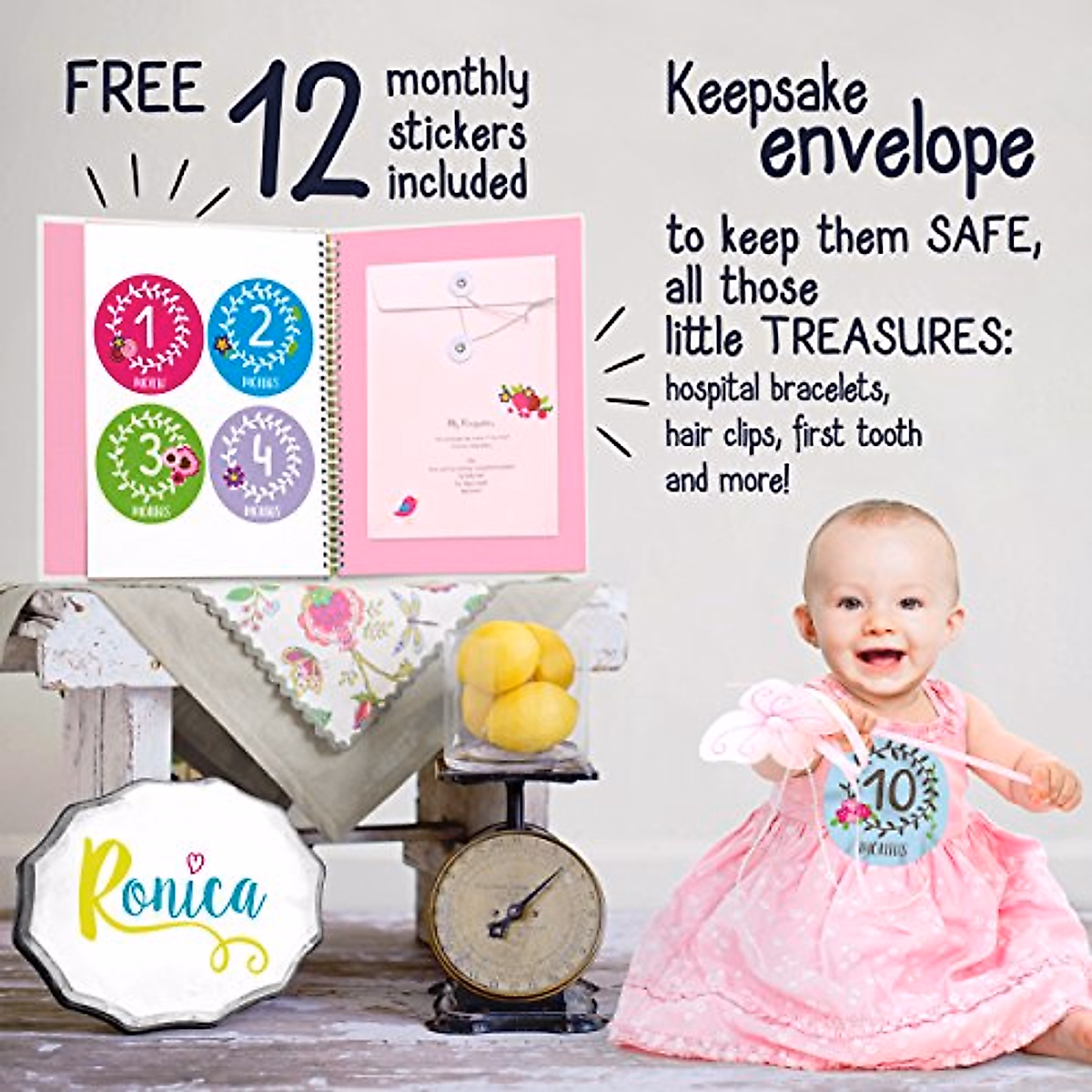 Ronica Memory Book for Baby Girl - Photo Album, Easy to Use Keepsake Scrapbook - Modern Keepsake for New Parents to Record Photos & milestones
