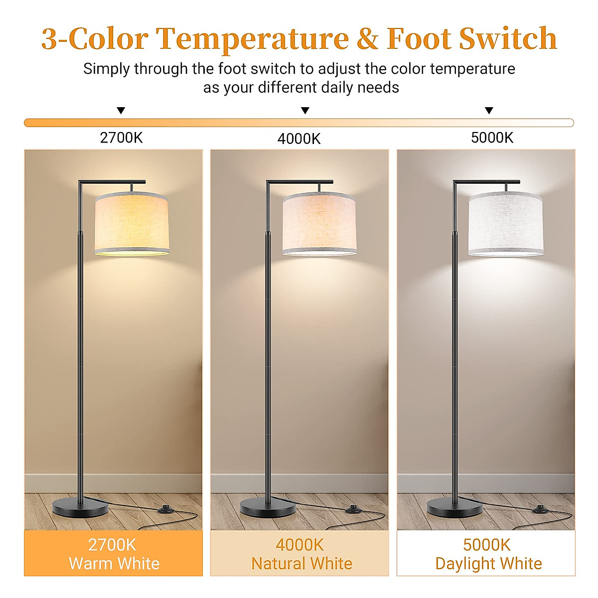 ROTTOGOON Floor Lamp for Living Room with 3-Color Temperature 9W LED Bulb, Modern Standing Lamp with Linen Beige Shade & Foot Switch, Tall Pole Lamp for Bedroom, Study Room, Office, Kids Room (Black)