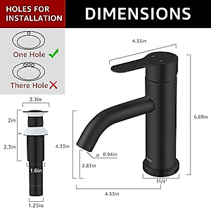 AMAZING FORCE Matte Black Bathroom Faucet Single Handle Bathroom Sink Faucet Single Hole with Pop Up Drain Assembly Matte Black Faucet for Bathroom Sink