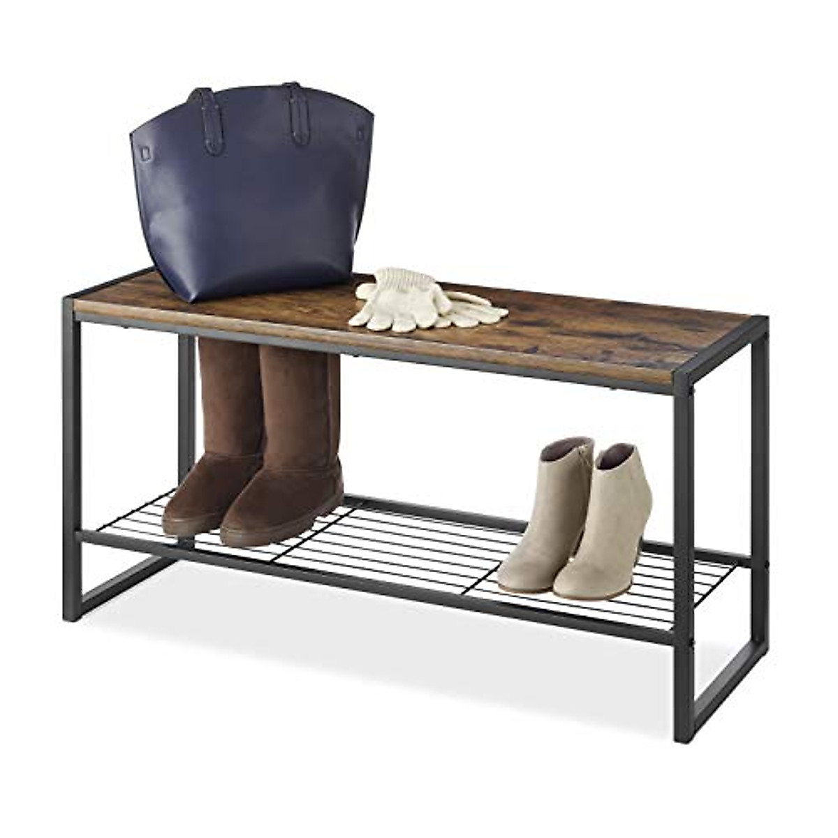 Whitmor Modern Industrial Entryway Bench w/Shoe Storage, Brown