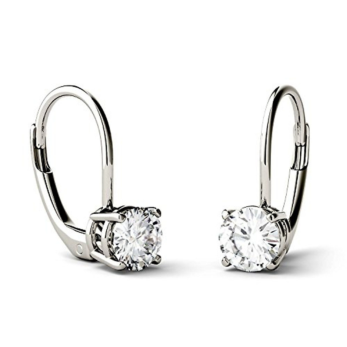 Charles & Colvard Created Moissanite 5mm Round Cut Leverback Drop Earrings for Women | 1 cttw DEW | Lab Grown | Solid 14K White Gold with Rhodium