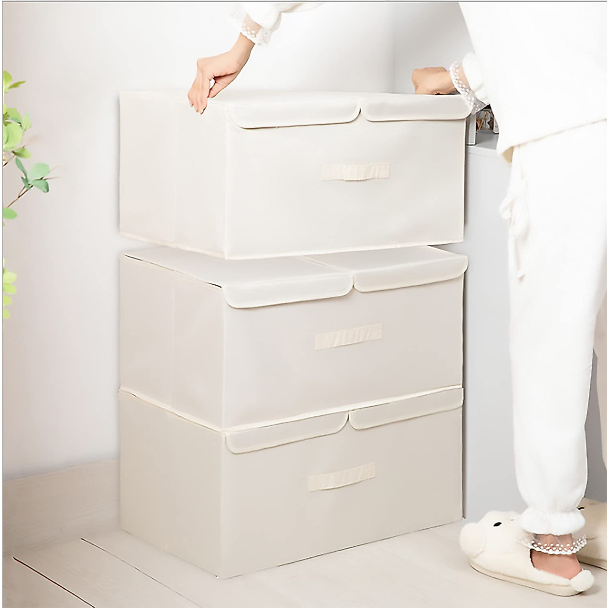 Large Foldable Storage Boxes with Lids Fabric, Large Toy Box, Lidded Storage Bins with Handles for Clothes, 40L Organiser Bathroom Storage Baskets for Clothes Toys Books Bedding or More (Beige 2 Pack)