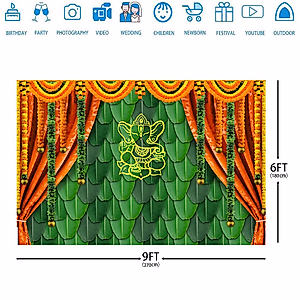 Ticuenicoa 9x6ft India Pooja Traditional Photography Backdrop Banana Leaf Green Chatiya Ganesh Background Puja Ganpati Pooja Mehndi backdrops Decorations Wedding Party Marigold Garlands Photo Props