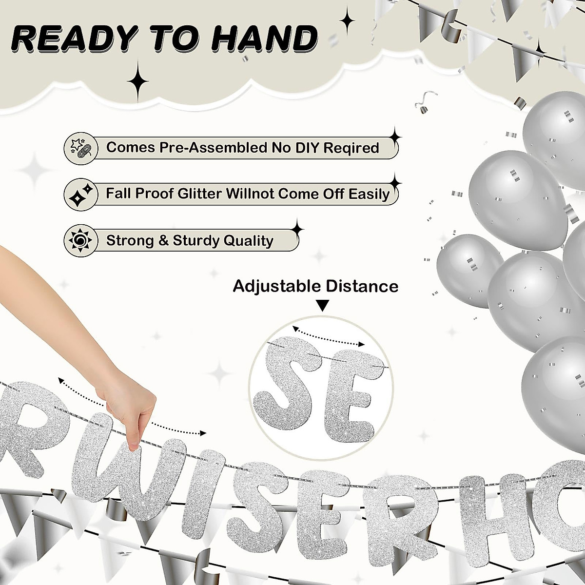 Fulmoon Set of 3 Pre Strung Older Wiser Hotter Glitter Banner Funny Birthday Banner for Women 30th 40th 50th 60th 70th 80th Birthday Party Decorations Sign Gift(Silver)