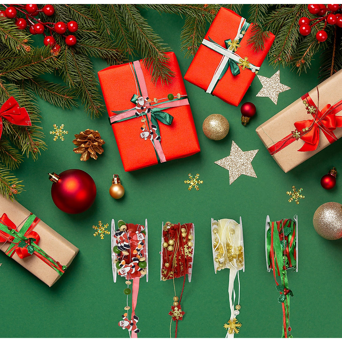 Gift Boutique 4 Xmas Beads Ribbon Rolls Xmas Tree Trim Rope 16.5 Feet Pearl String Bead Ribbon 66 Feet Total for Garland Bow Wreath Gift Wrapping & Packaging Crafts Ornament Wedding Party Craft Décor