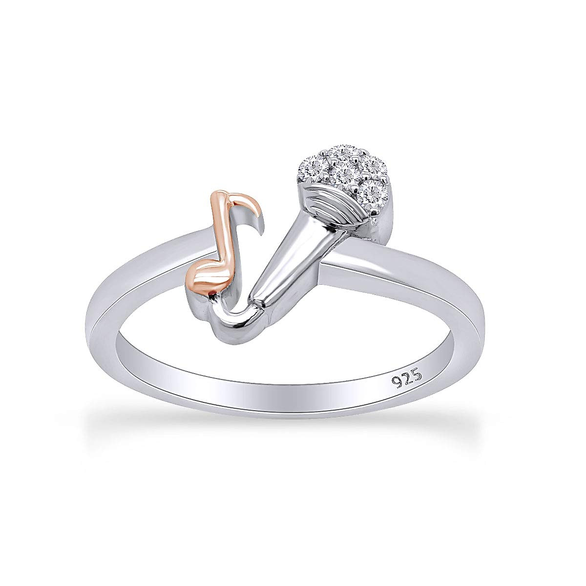 Round White Natural Diamond Accent Mic & Music Note Two Tone Ring 14k White Gold Over Sterling Silver