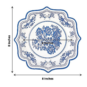 Tableclothsfactory 25 Pack | 8" White/Blue Chinoiserie Floral Print Paper Dessert Plates with Scalloped Rims, Disposable Salad Appetizer Plates - 300 GSM