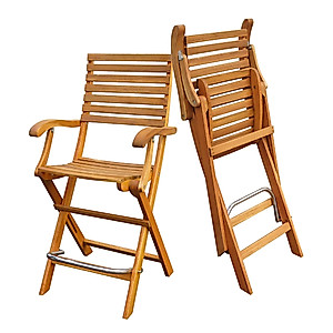 INTERBUILD REAL WOOD Acacia Hardwood Foldable Casino Bar Height Chair with Foot and Arm Rests, 26" Tall, 2 Piece Set - Golden Teak