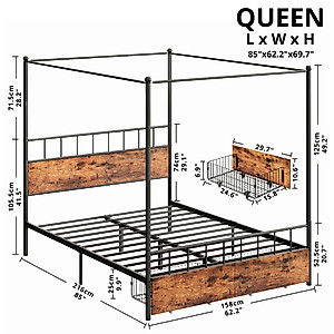LIKIMIO Canopy Bed Frame Queen with Wooden Headboard and Drawer, Queen Size Bed Frame with 4 Removable Sturdy Posts, Noise Free, No Box Spring Needed, Rustic Brown