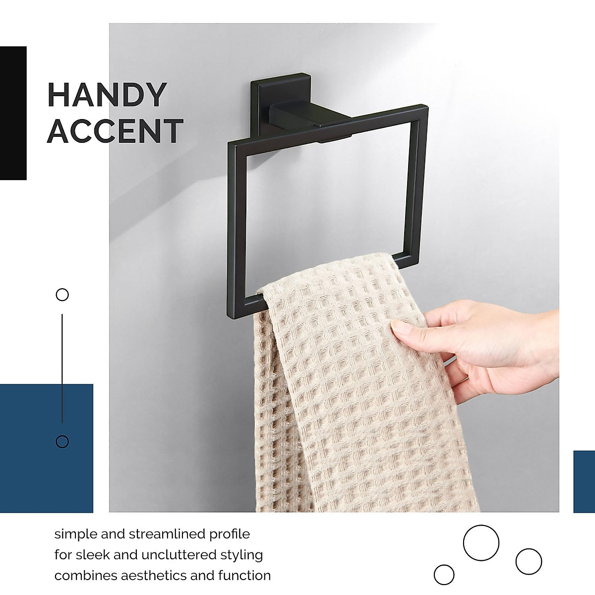 Towel Holder Matte Black, Angle Simple Stainless Steel Bathroom Hand Towel Rack, Square Towel Ring for Wall, 7.09-Inch